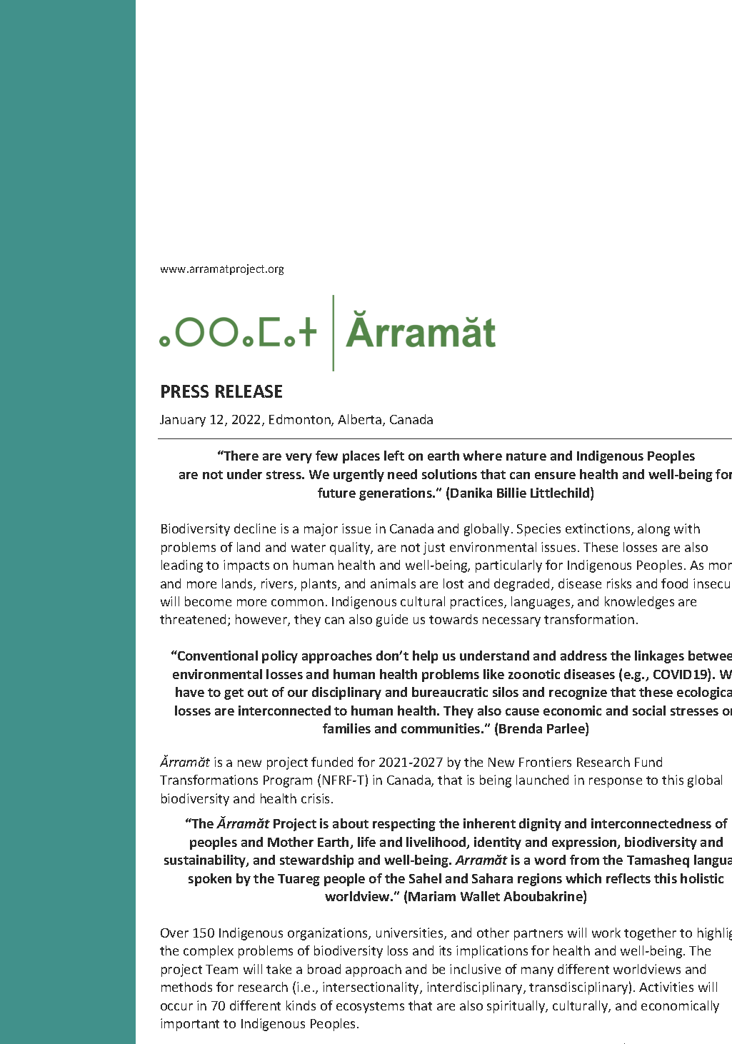 Ărramăt Project Announced. Press Release - Dene K’éh Kusān